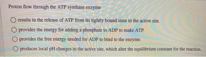 Solved Proton flow through the ATP synthase enzyme results | Chegg.com