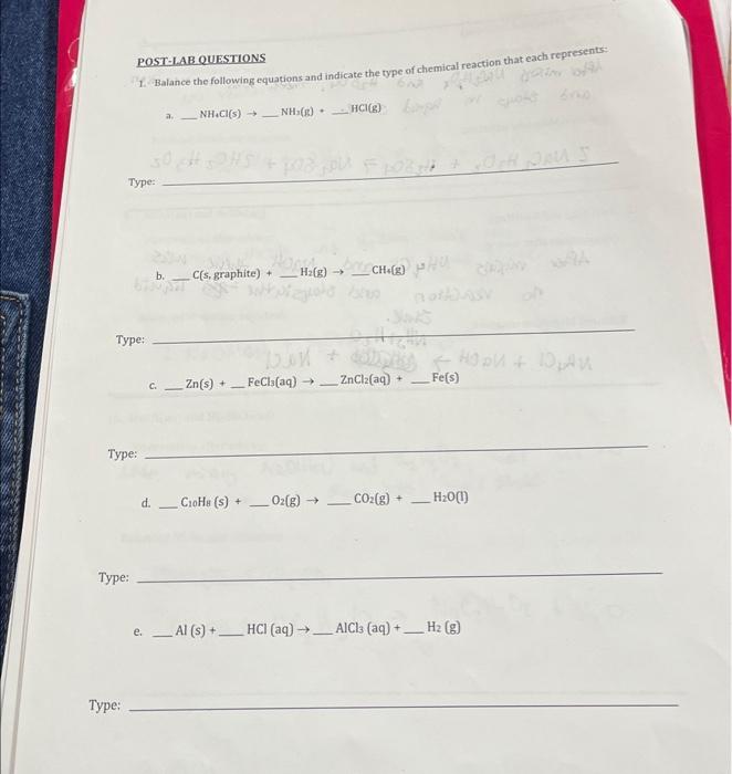 Solved POST-LAB QUESTIONS 1. Balance the following equations | Chegg.com