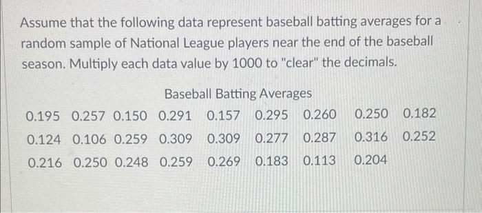 Solved Assume that the following data represent baseball | Chegg.com