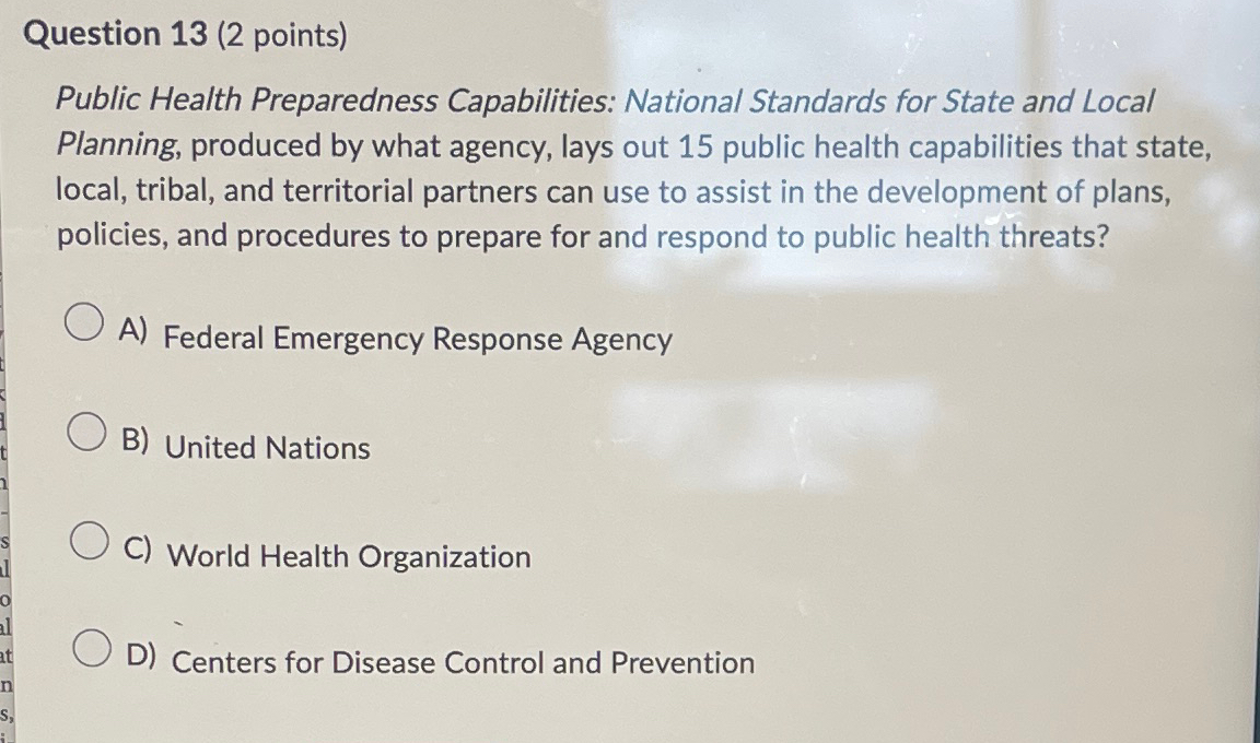 Solved Question 13 (2 ﻿points)Public Health Preparedness | Chegg.com