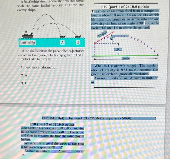 Solved A battleship simultaneously fires two shens with the | Chegg.com