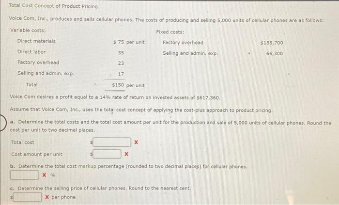 Solved Total Cost Concept of Product Pricing Voice Com, | Chegg.com
