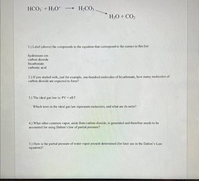 Solved HCO3−+H3O+ H2CO3 H2O+CO2 1.) Label (above) the | Chegg.com