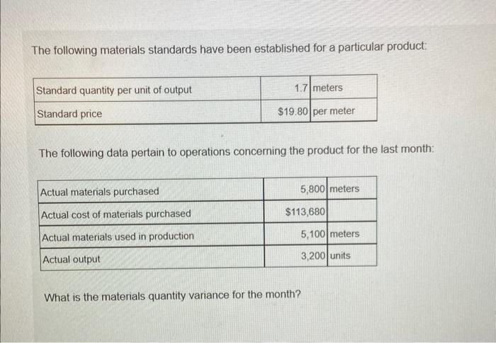 Solved The following materials standards have been | Chegg.com