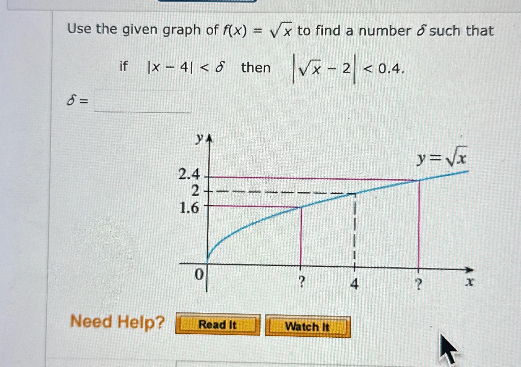 Solved Use the given graph of f(x)=x2 ﻿to find a number δ | Chegg.com