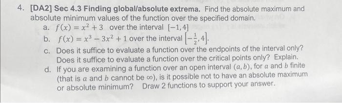 Solved 4. [DA2] Sec 4.3 Finding global/absolute extrema. | Chegg.com