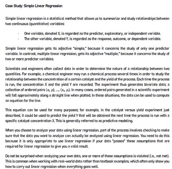 Solved I have a project case study regarding Simple Linear | Chegg.com