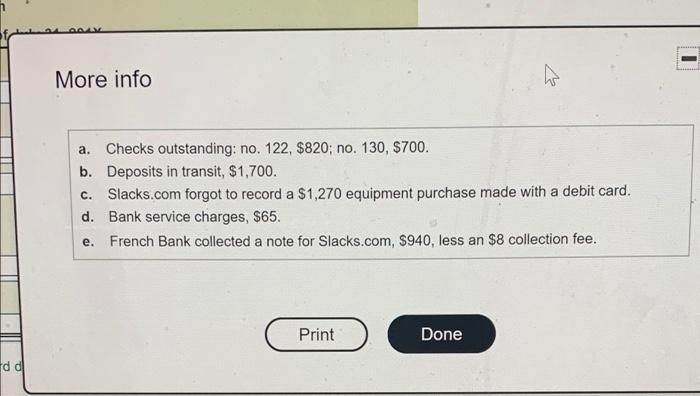 Solved More info a. Checks outstanding: no. 122, $820; no. | Chegg.com