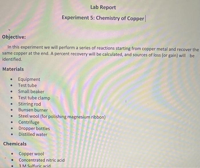 Solved Lab Report Experiment 5: Chemistry of Copper | Chegg.com