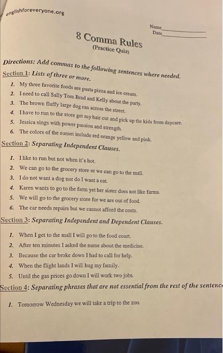 englishforeveryone.org Name Date 8 Comma Rules | Chegg.com