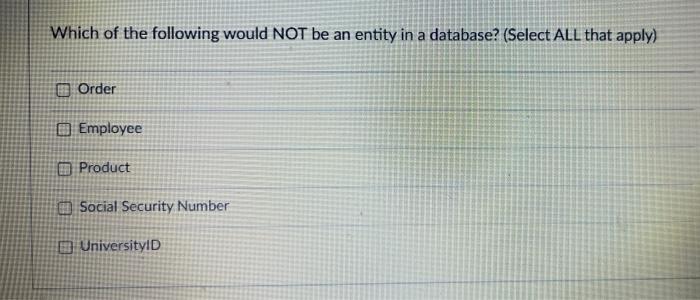 Solved Which of the following would NOT be an entity in a | Chegg.com