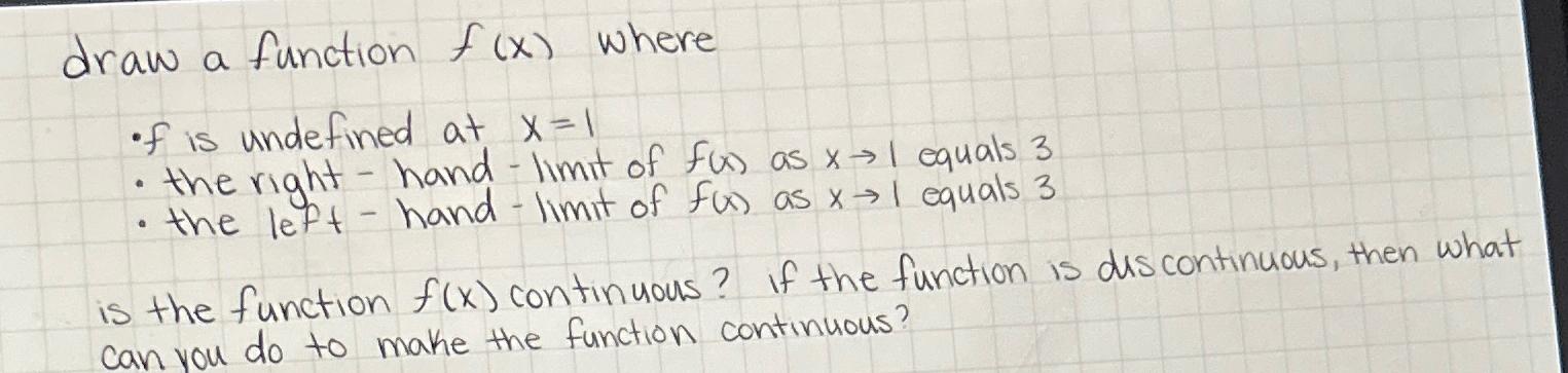 Solved draw a function f(x) ﻿wheref ﻿is undefined at x=1the | Chegg.com