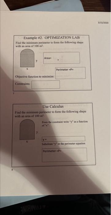 Solved CALCULUS OPTIMIZATION EXAMPLE Find the minimum | Chegg.com