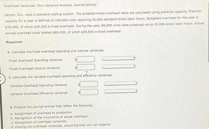 Solved Overhead Variances, Four-Variance Analysis, Journal | Chegg.com