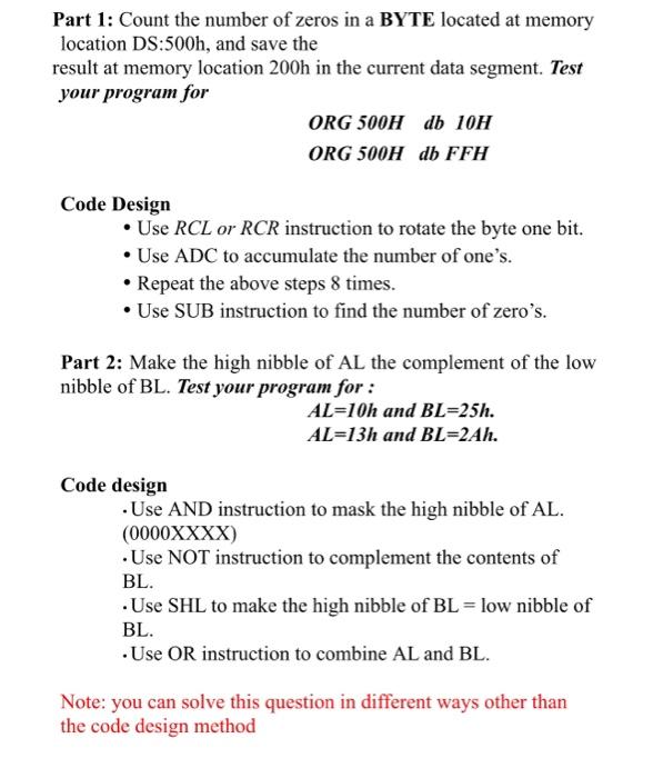 Solved Part 1: Count the number of zeros in a BYTE located | Chegg.com