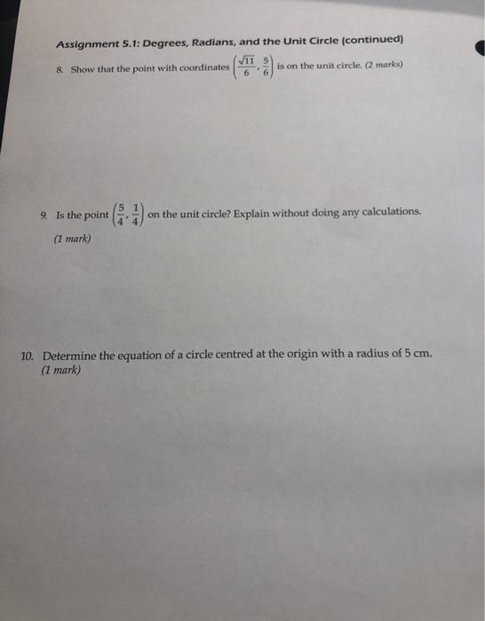 Solved Assignment 5.1: Degrees, Radians, and the Unit Circle | Chegg.com