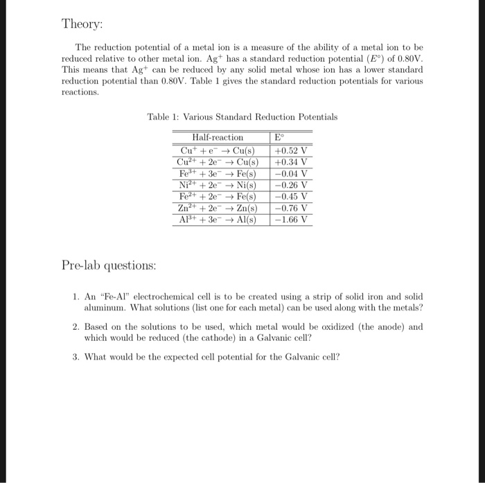 Solved Theory: The reduction potential of a metal ion is a | Chegg.com