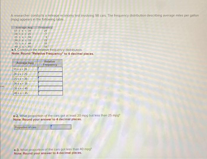Solved A researcher conducts a mileage economy test | Chegg.com
