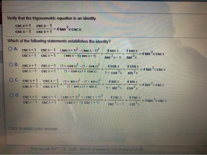 Solved Verify that the trigonometric equation is an | Chegg.com