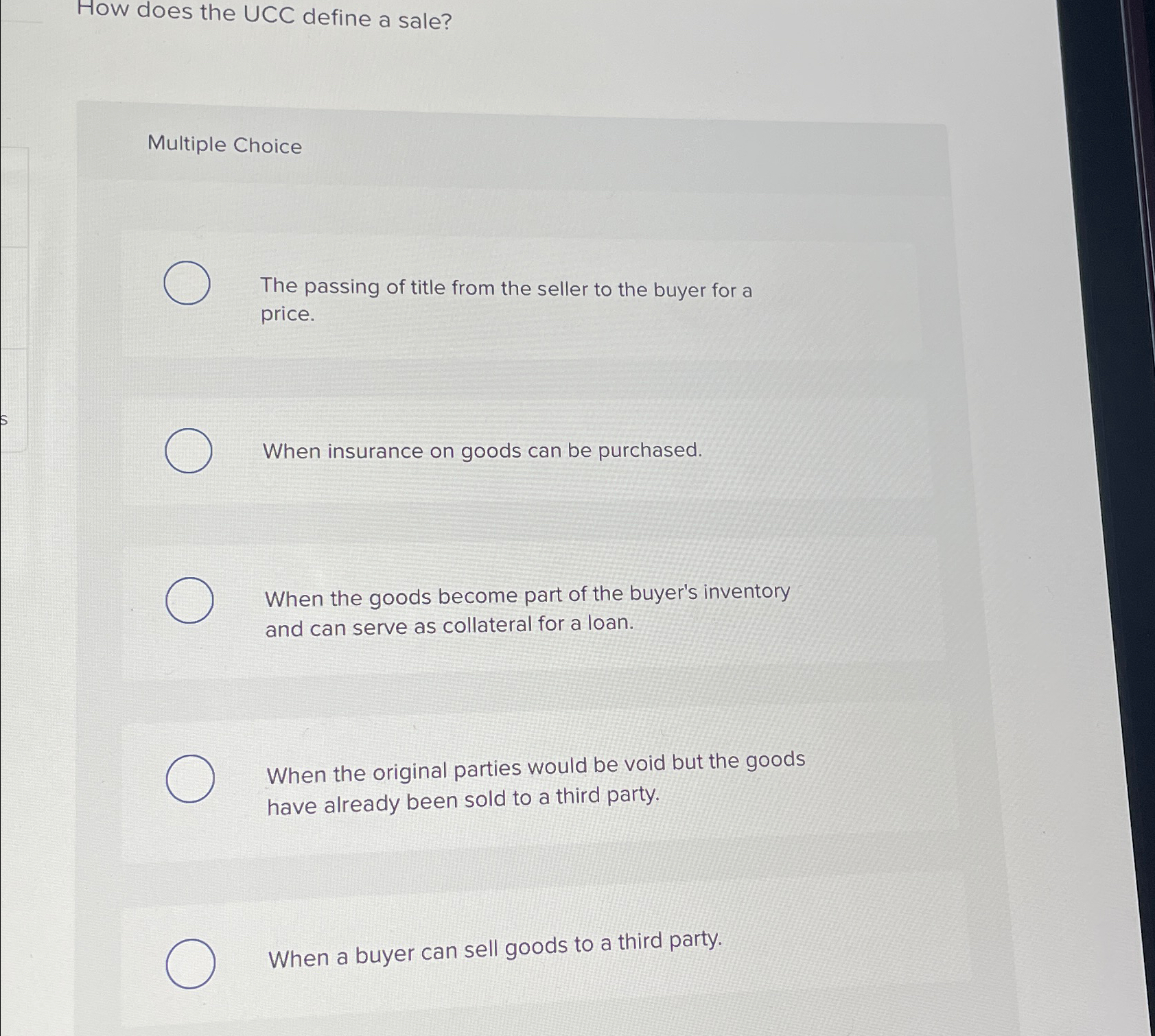 Solved How does the UCC define a sale?Multiple ChoiceThe | Chegg.com