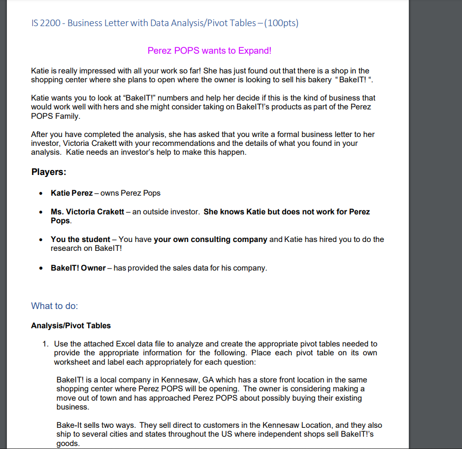 IS 2200 - ﻿Business Letter with Data Analysis/Pivot | Chegg.com