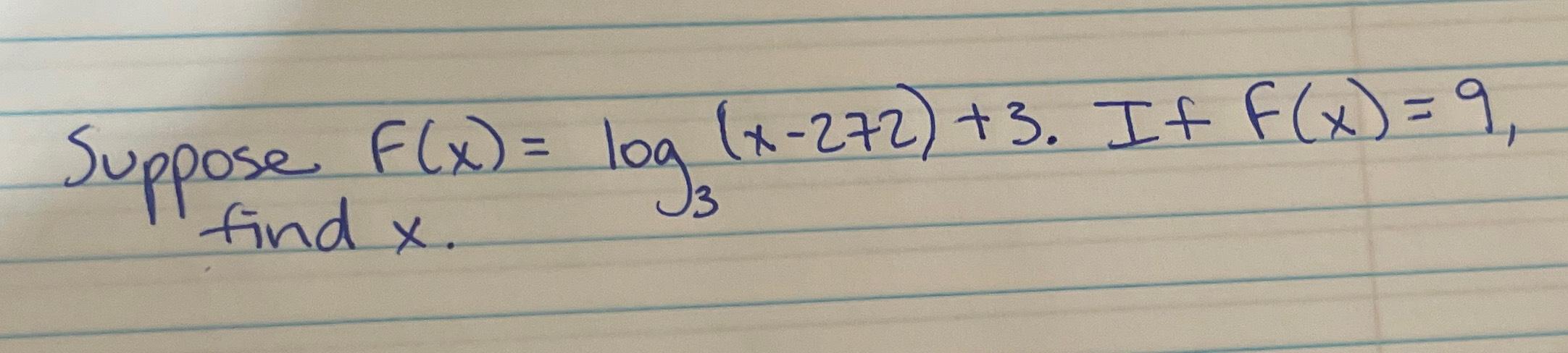 Solved Suppose f(x)=log3(x-272)+3. ﻿If f(x)=9, ﻿find x. | Chegg.com