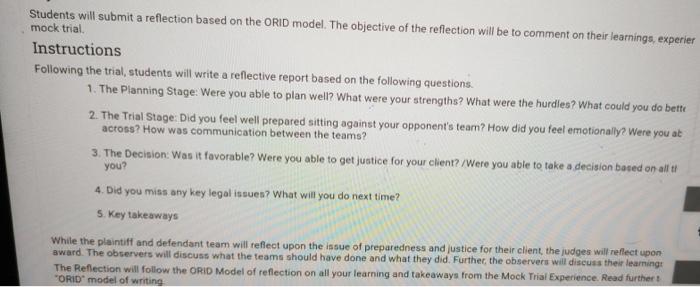 Solved Students will submit a reflection based on the ORID | Chegg.com