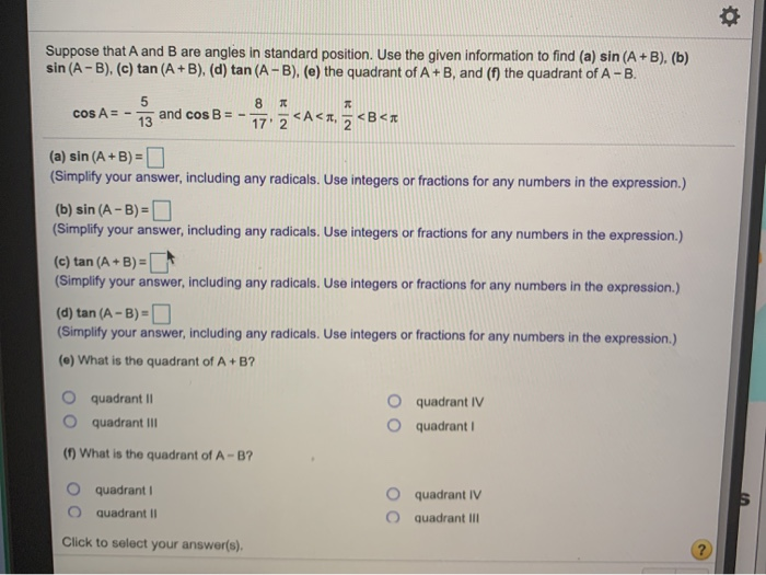 Solved Suppose that A and B are angles in standard position. | Chegg.com