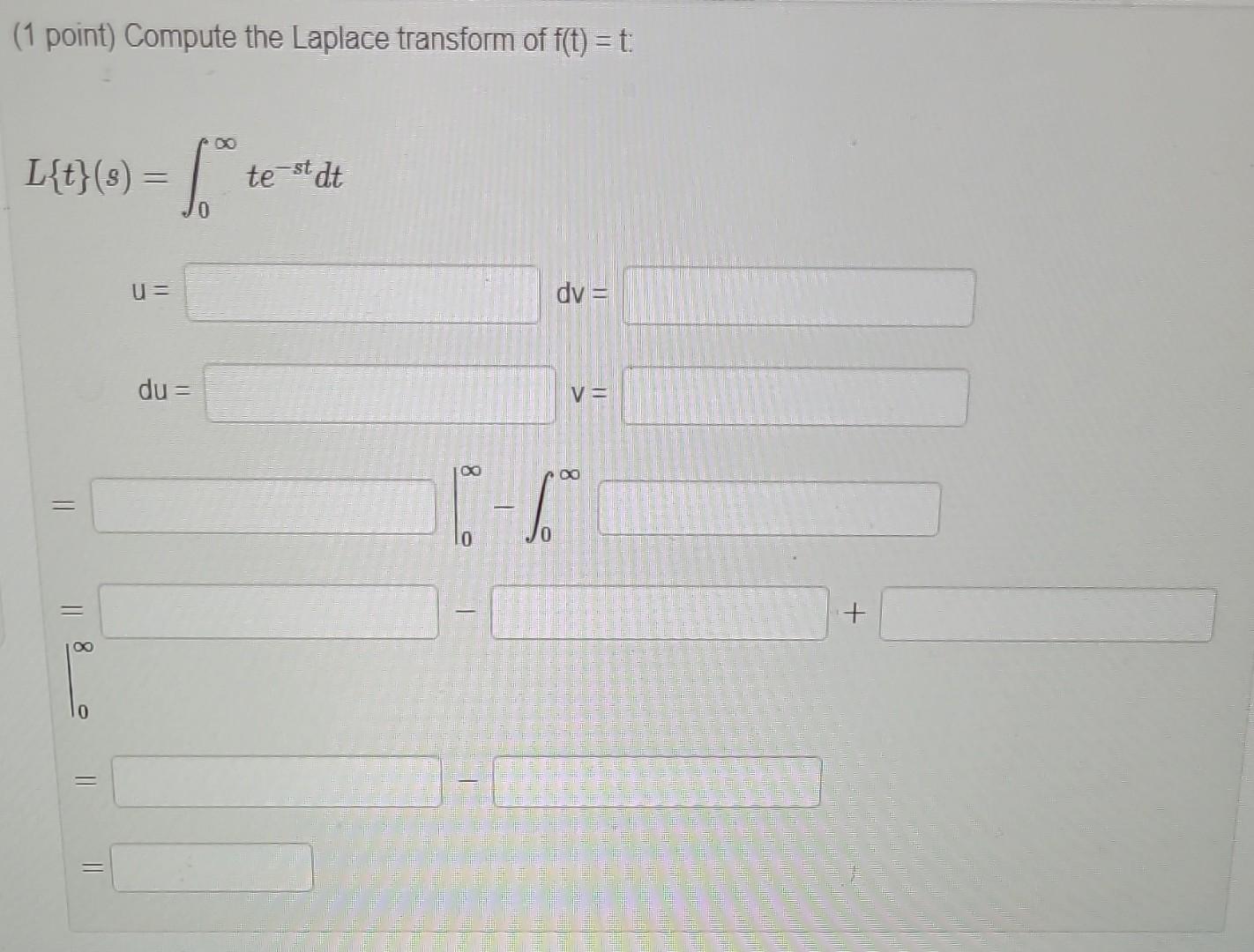 Solved (1 point) Compute the Laplace transform of f(t)=t : | Chegg.com