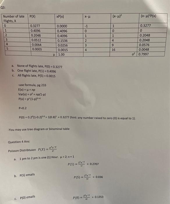 Solved a. None of filights late, P(0)=0.3277 b. One flight | Chegg.com