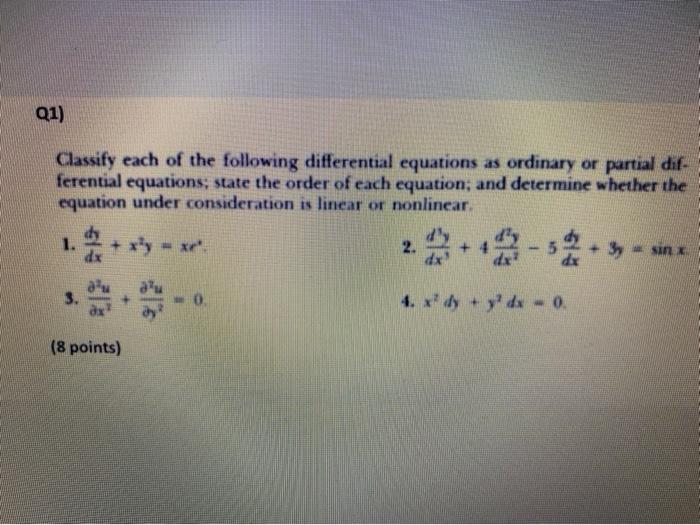 Solved 01) Classify each of the following differential | Chegg.com