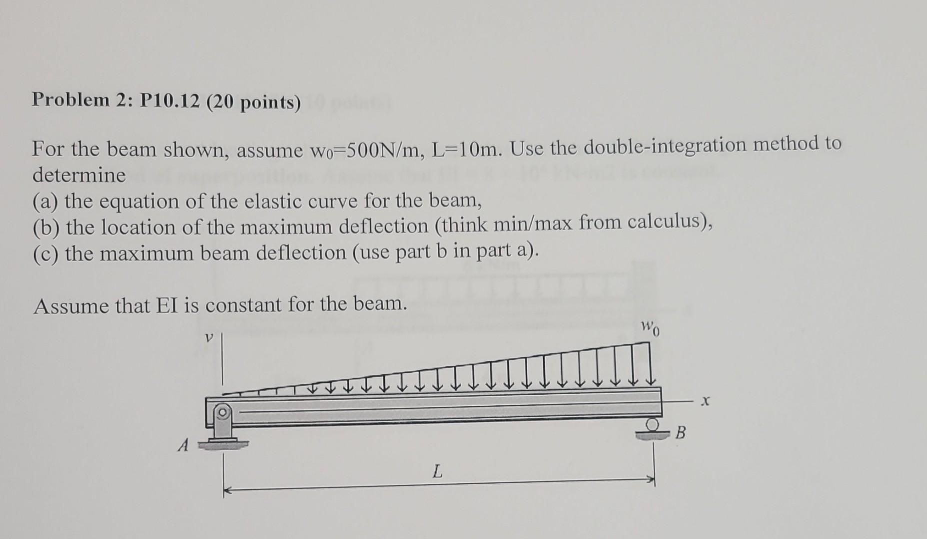 Solved For the beam shown, assume w0=500 N/m,L=10 m. Use the | Chegg.com