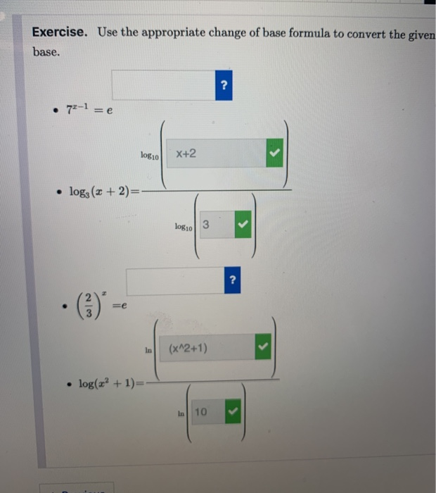 Solved Exercise. Use the appropriate change of base formula | Chegg.com