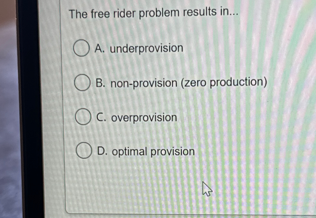 Solved The free rider problem results in...A. | Chegg.com