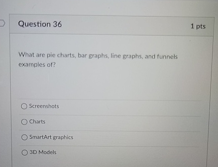 Solved Question 361 ﻿ptsWhat are pie charts, bar graphs, | Chegg.com