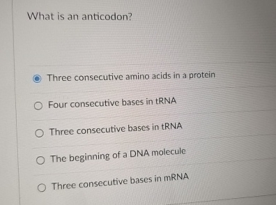 Solved What is an anticodon?Three consecutive amino acids in | Chegg.com
