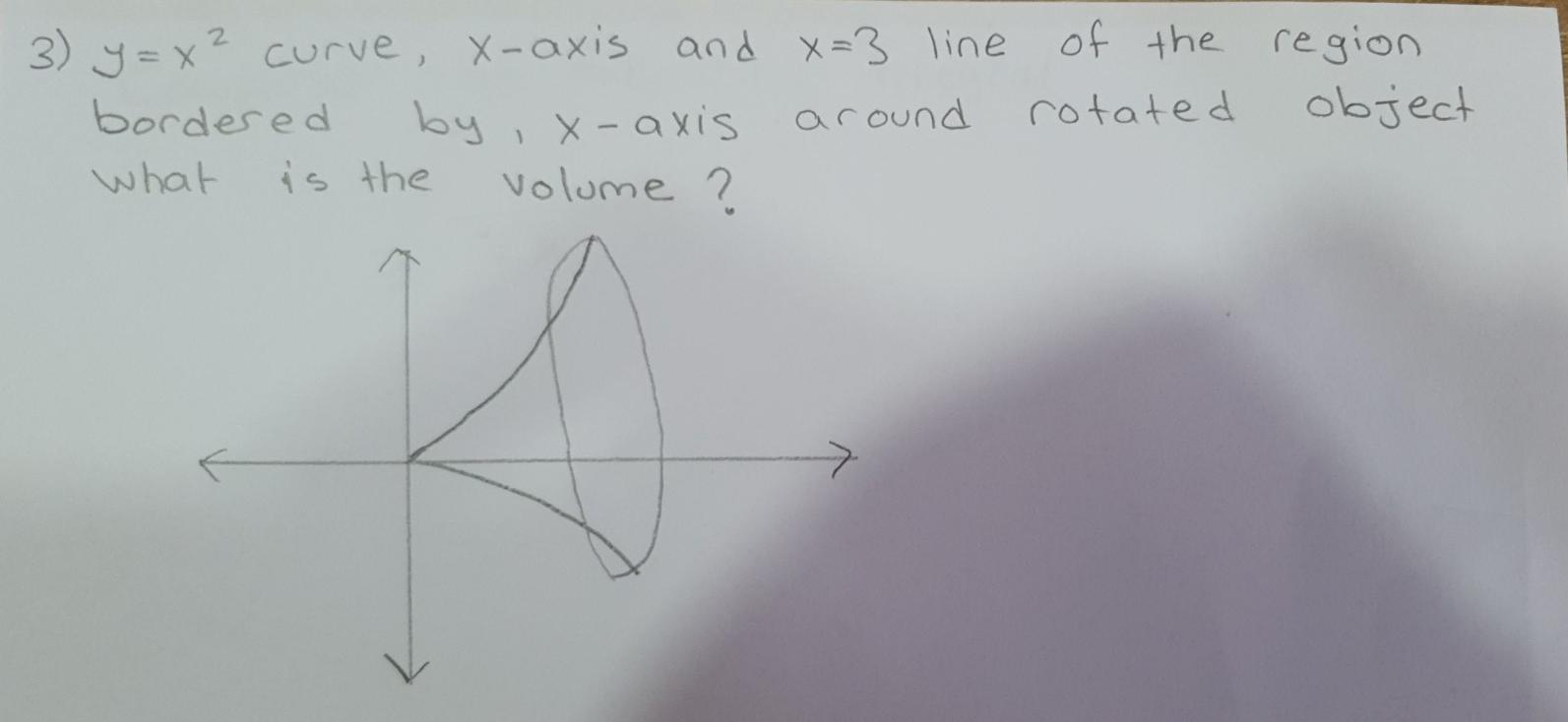 Solved 3) y=x² curve, x-axis and x=3 line bordered by | Chegg.com
