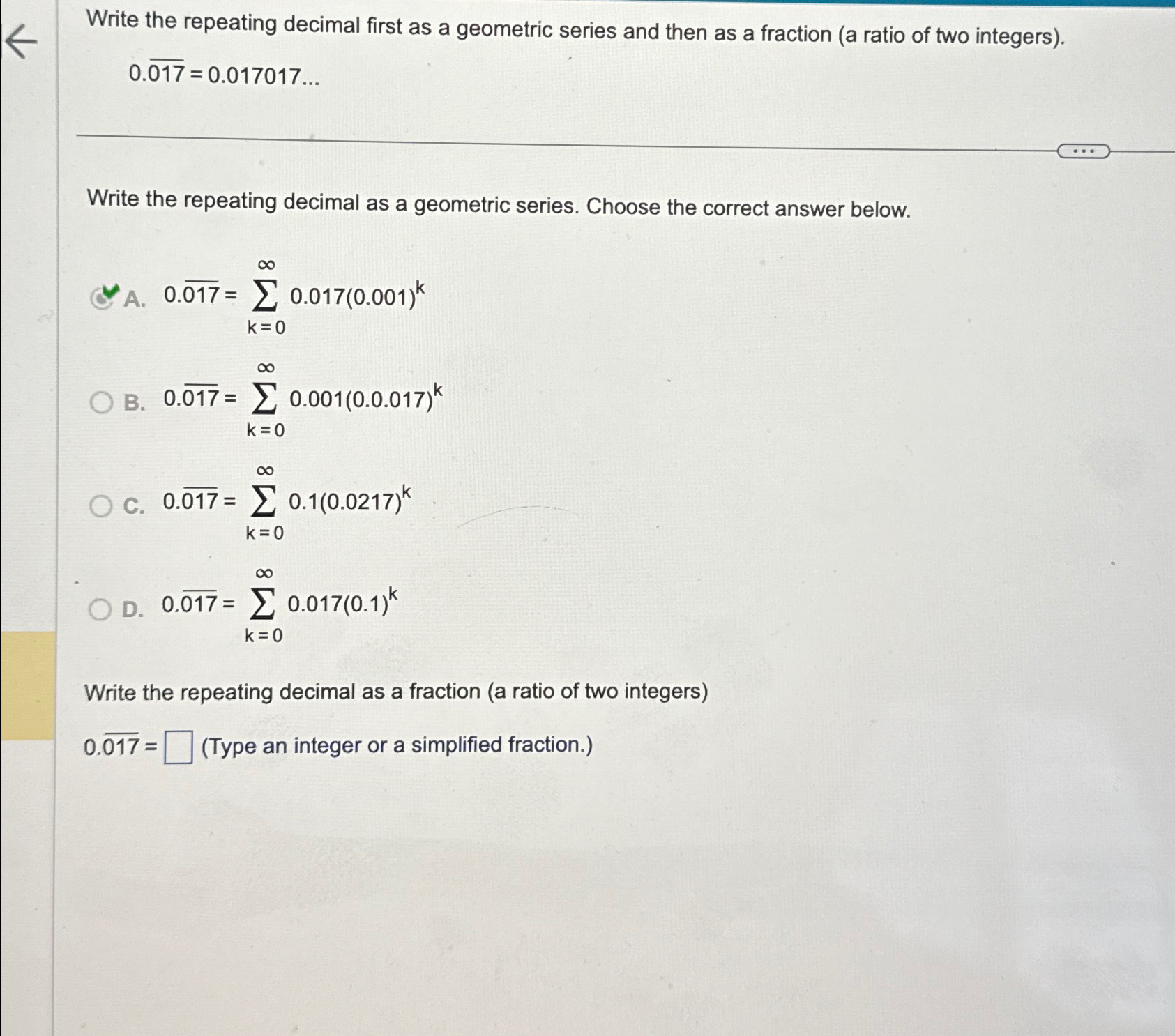 Solved Write the repeating decimal first as a geometric | Chegg.com