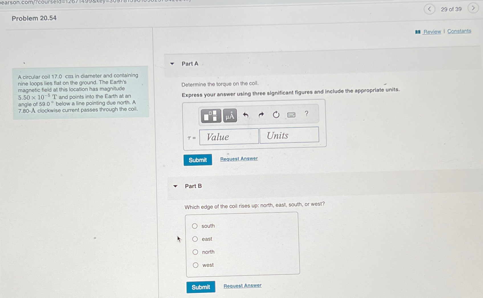Solved Problem 20.5429 ﻿of 39A circular coil 17.0cm ﻿in | Chegg.com