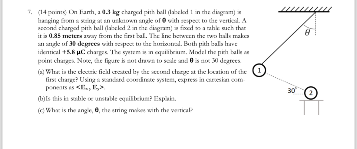 Solved (14 ﻿points) ﻿On Earth, a 0.3kg ﻿charged pith ball | Chegg.com