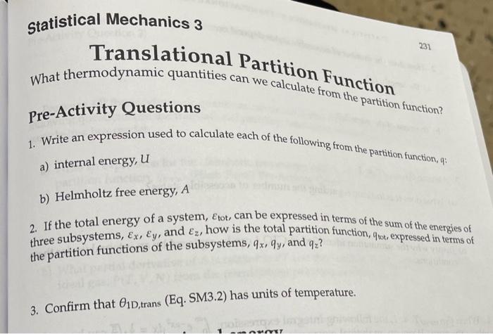 Solved Statistical Mechanics 3 231 Translational Partition | Chegg.com