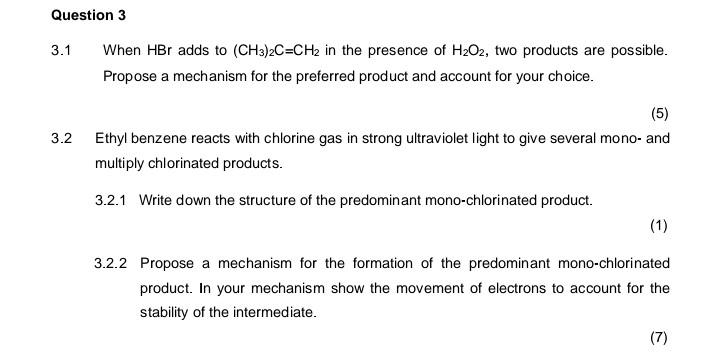 Solved 3.1 When HBr adds to (CH3)2C=CH2 in the presence of | Chegg.com