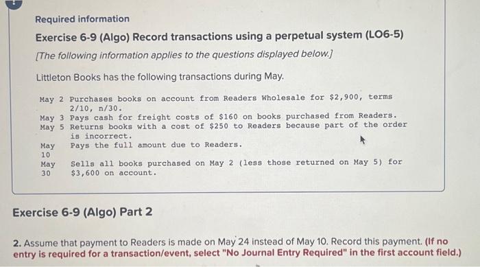 Solved Required information Exercise 6-9 (Algo) Record | Chegg.com