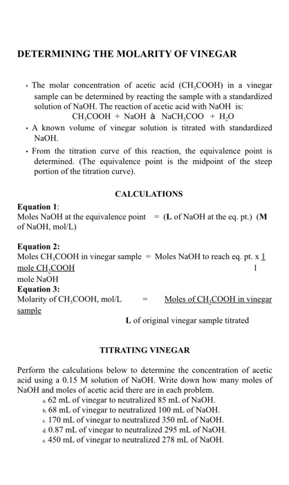 Solved DETERMINING THE MOLARITY OF VINEGAR • The molar | Chegg.com