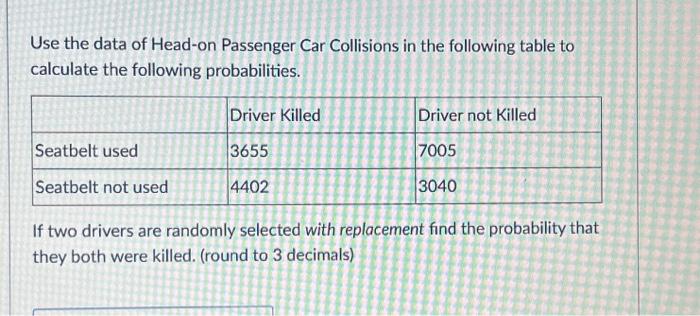 Solved Use the data of Head-on Passenger Car Collisions in | Chegg.com