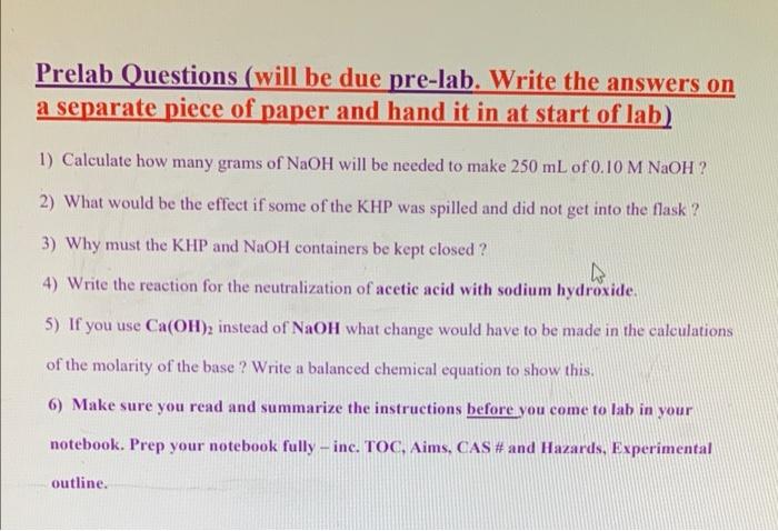 Solved Prelab Questions (will be due pre-lab. Write the | Chegg.com