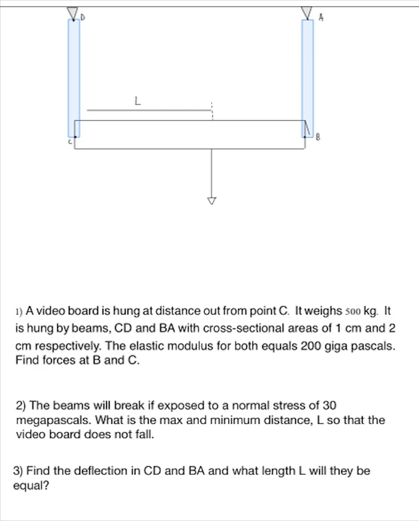 Solved A video board is hung at distance out from point C. | Chegg.com