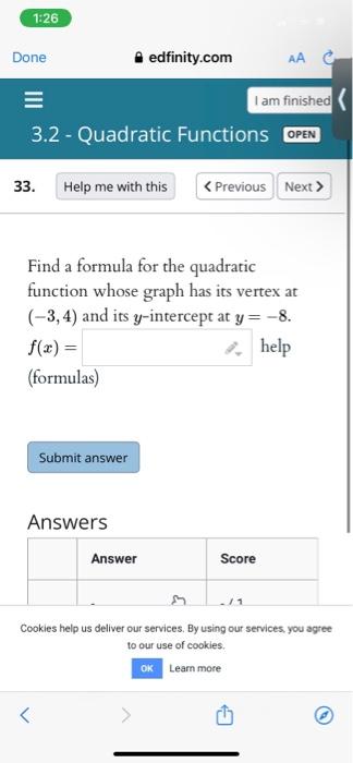 Solved 1:26 Done edfinity.com AA & = I am finished 3.2 - | Chegg.com