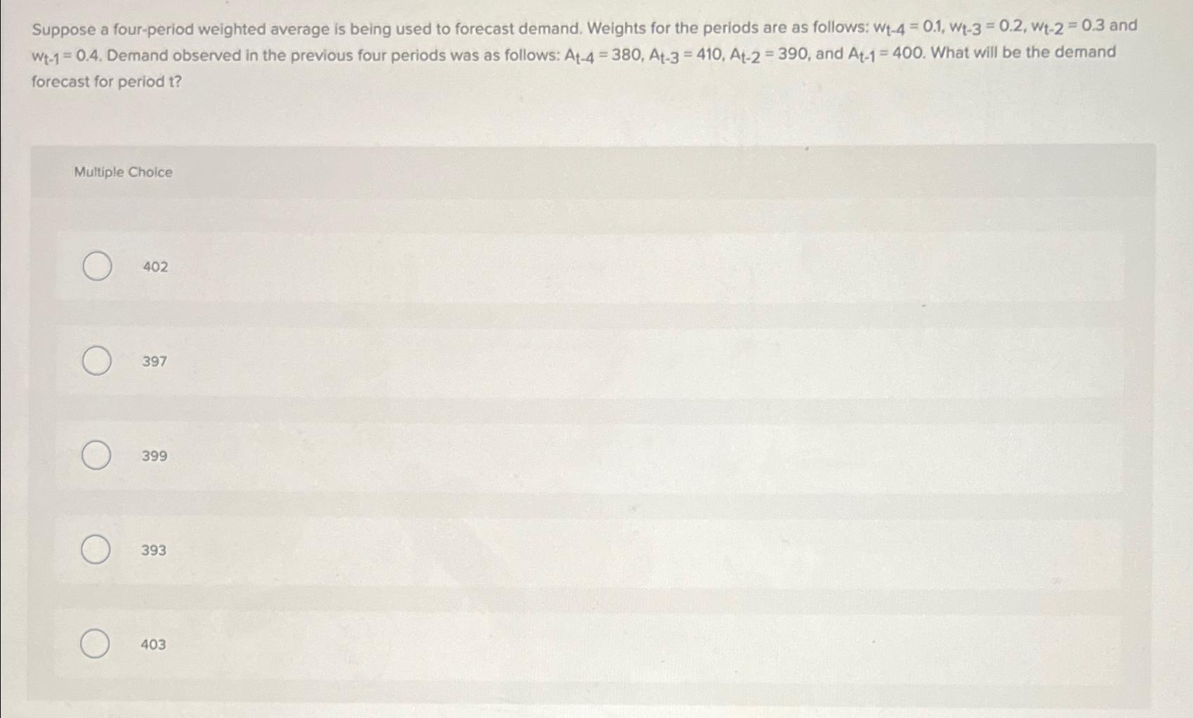Solved Suppose a four-period weighted average is being used | Chegg.com