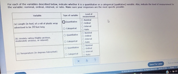 Solved For each of the variables described below, indicate | Chegg.com